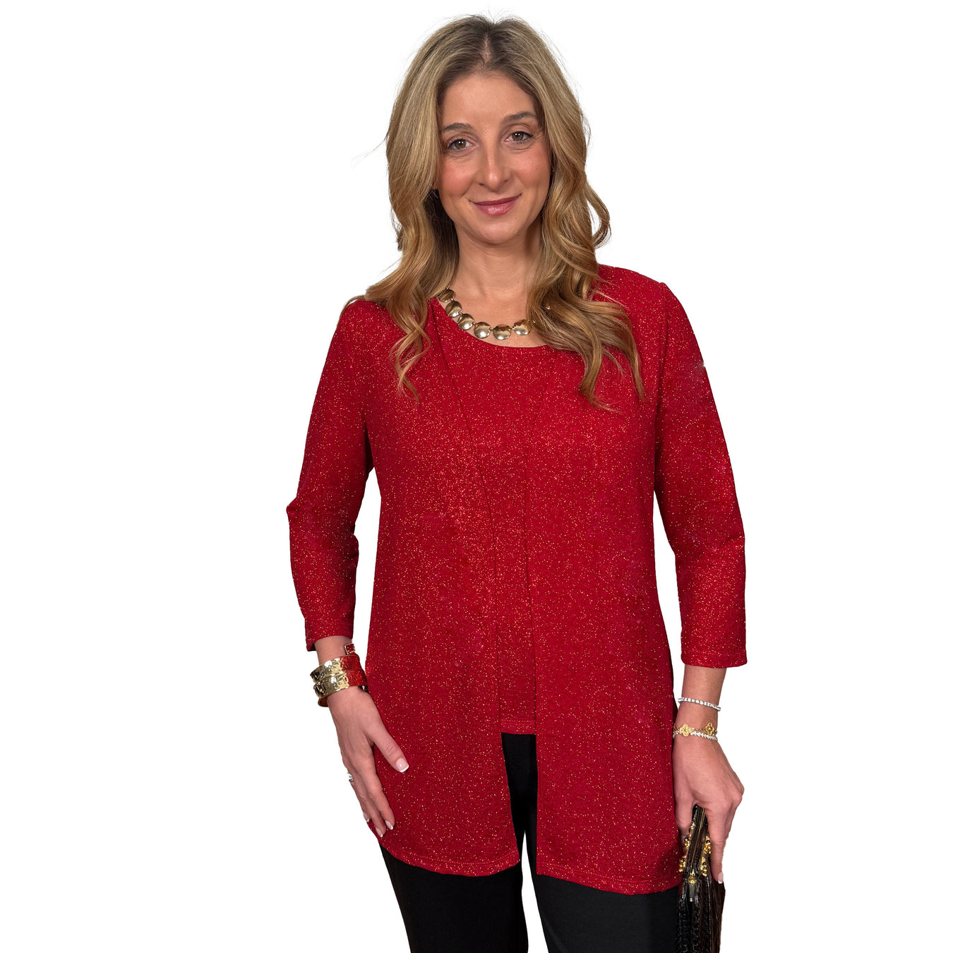 Slinky®Brand Two Piece Set ¾ Slv Sparkle Jacket with Side Slits and Sp ...